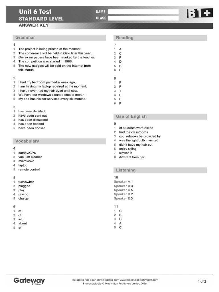 B1PLUS UNIT 6 Test Answer Key Standard | PDF | Communication | Cognition