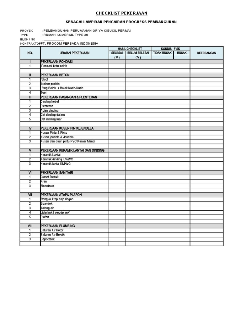 Cheklist Pekerjaan Kontraktor | PDF