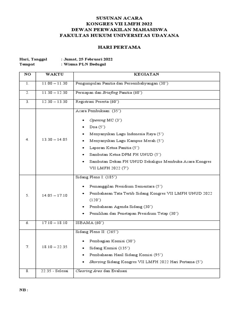 Susunan Acara Kongres VII LMFH 2022 | PDF