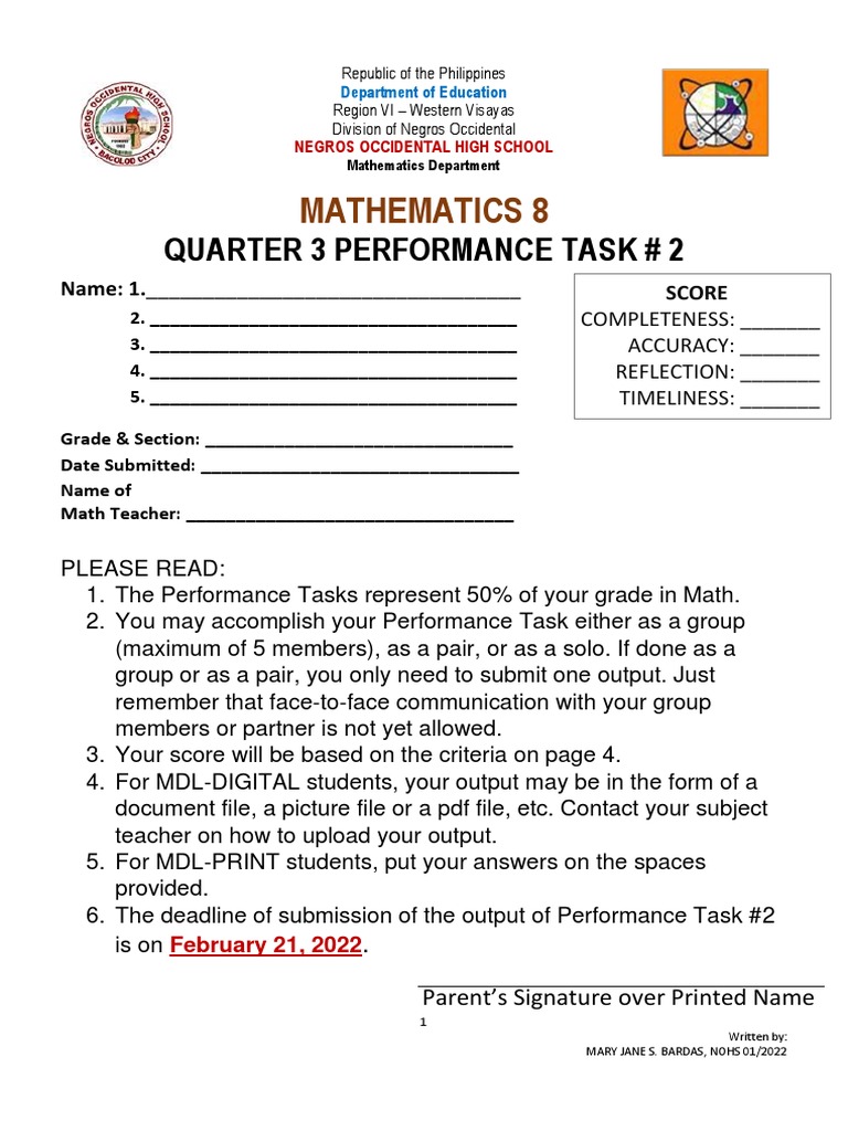 Mathematics 8: Quarter 3 Performance Task # 2 | PDF | Behavior ...