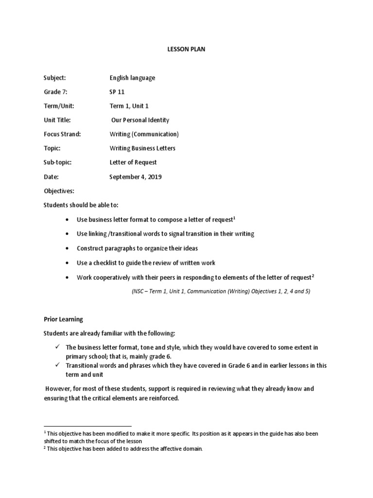 Lesson Plan: (NSC - Term 1, Unit 1, Communication (Writing) Objectives ...