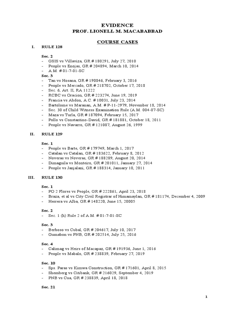 Evidence: Prof. Lionell M. Macababbad Course Cases | PDF