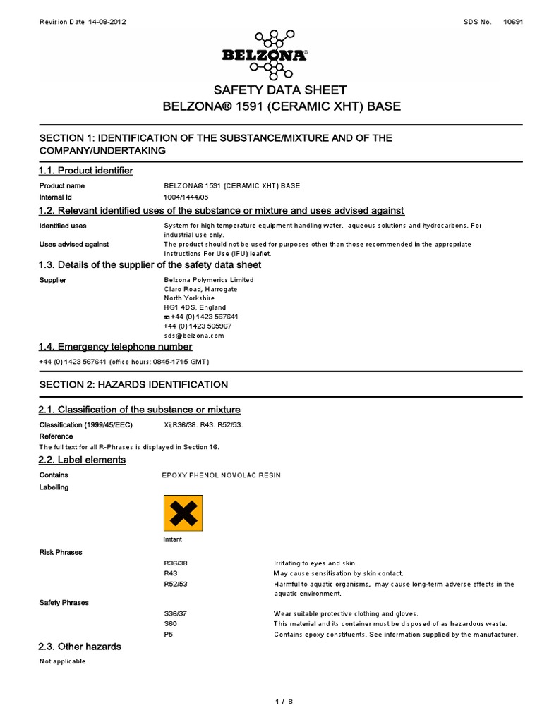 Safety Data Sheet Belzona® 1591 (Ceramic XHT) Base: Irritant | PDF | Physical Sciences | Materials