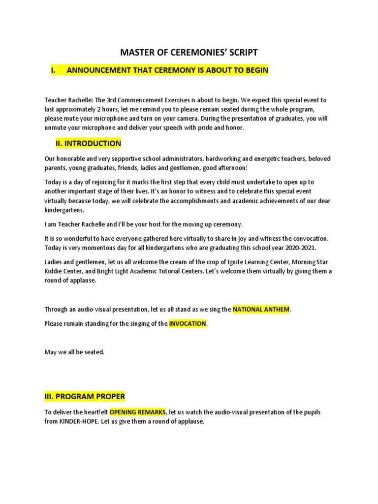 Master of Ceremonies' Script: I. Announcement That Ceremony Is About To ...