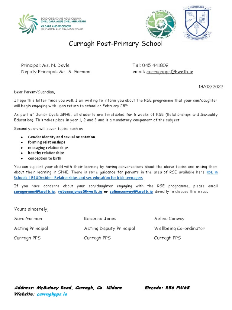 Letter To Parents Rse Second Years | PDF