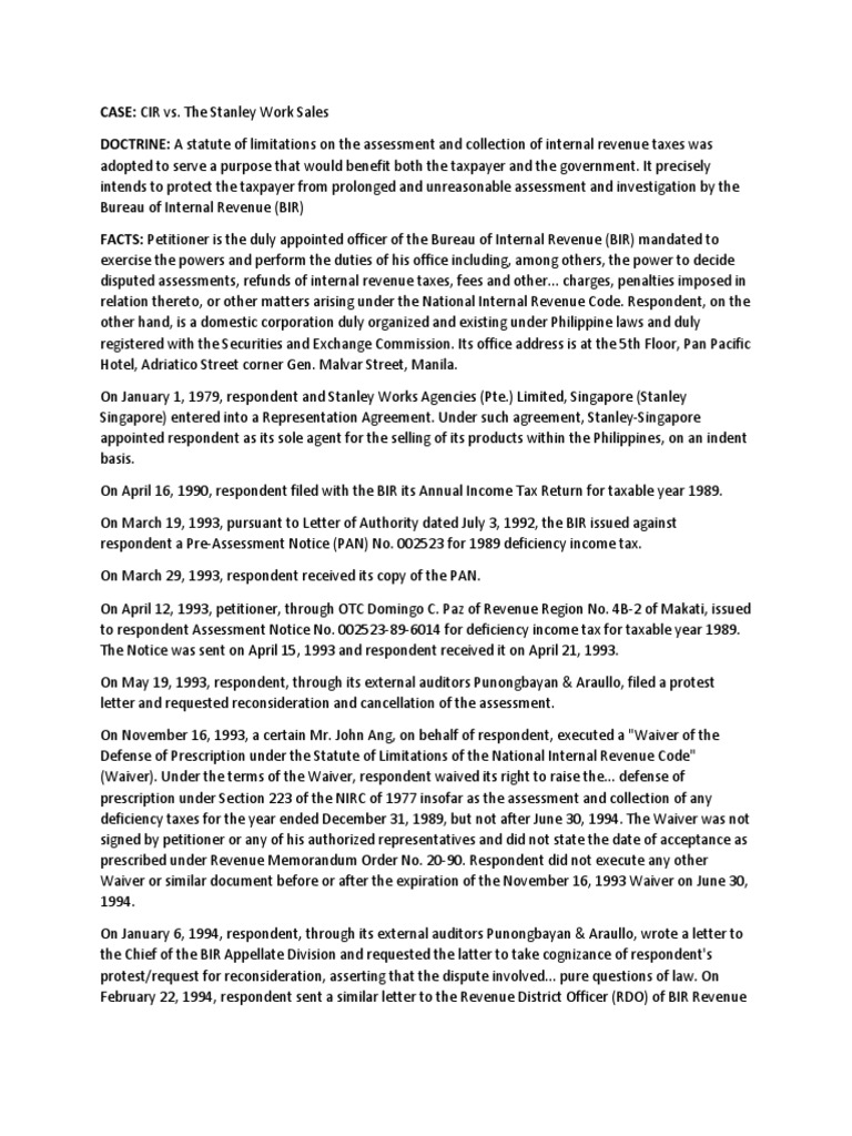 CIR vs. The Stanley Work Sales | PDF | Internal Revenue Service | Taxes