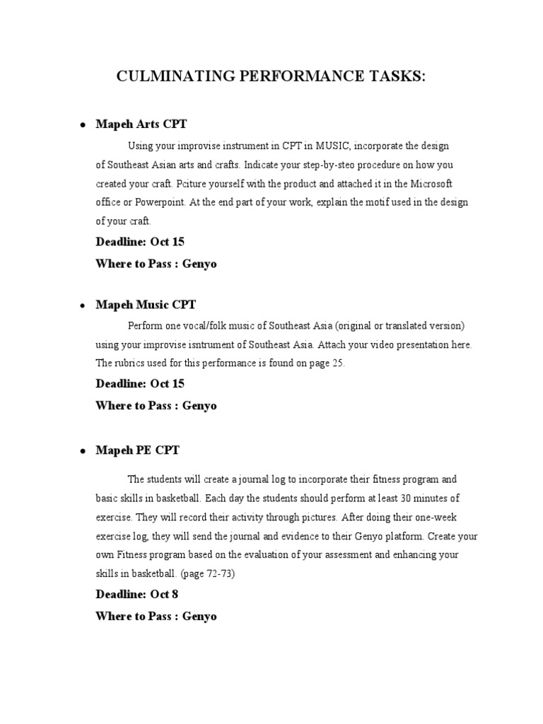 Culminating Performance Tasks:: Mapeh Arts CPT | PDF | Behavior ...