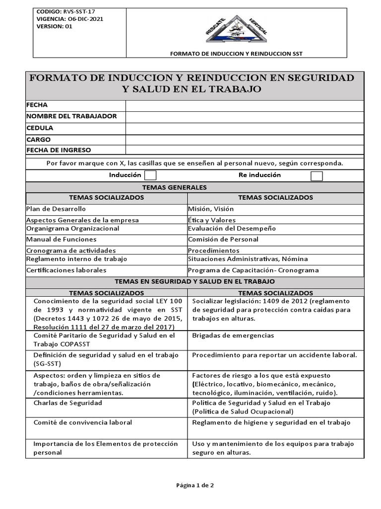 Rescate-Vertical Formato de Induccion y Reinduccion - Sst. | PDF | Seguridad y salud ocupacional ...