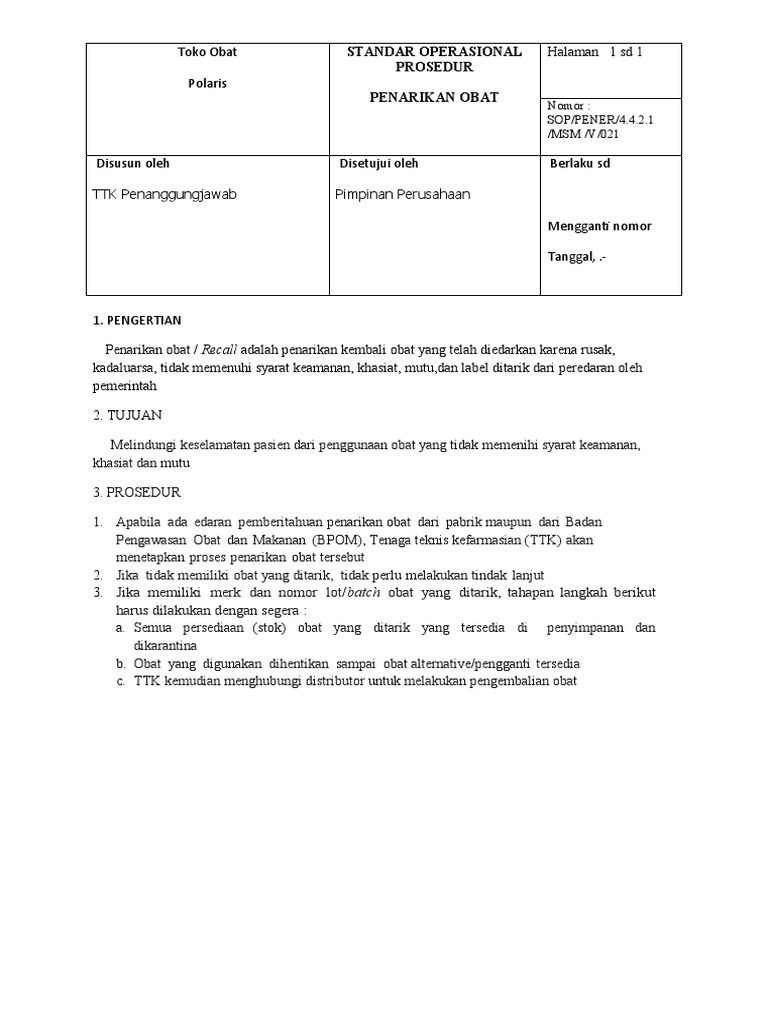 SOP Penarikan Obat Polaris di Apotek | PDF