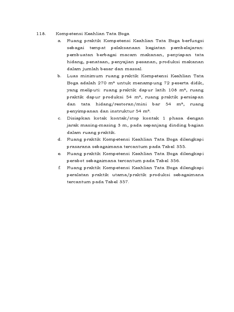 Standar Ruang Dan Alat Praktik Tata Boga | PDF