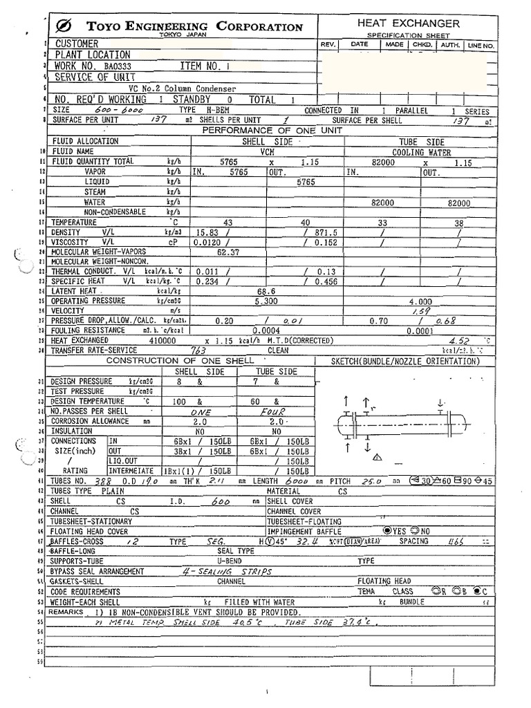 DATA SHEET VCM Condenser No 2 | PDF | Heat Exchanger | Physical Chemistry