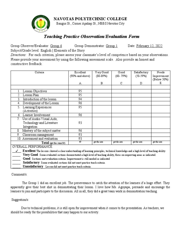 GROUP 1 Evaluation of Demonstration Teaching | PDF | Educational ...