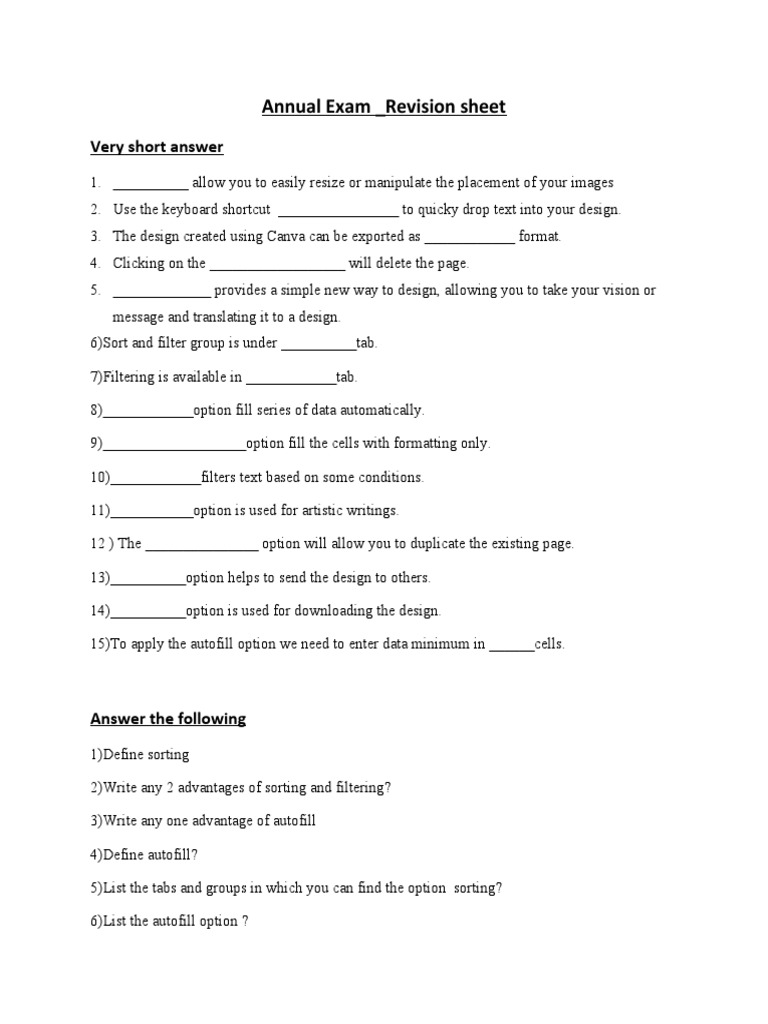 Annual Exam - Revision Sheet: Very Short Answer | PDF