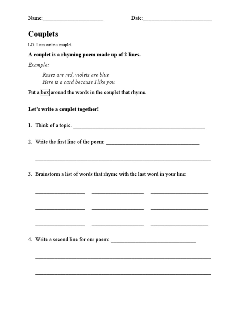 Couplets: A Couplet Is A Rhyming Poem Made Up of 2 Lines | PDF