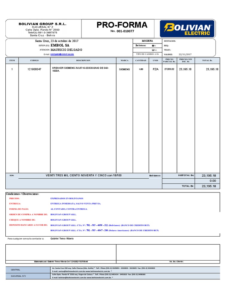 Proforma BG-SC Embol Sa - 001-010077 (23-10-2017) | PDF | Dinero | Economias