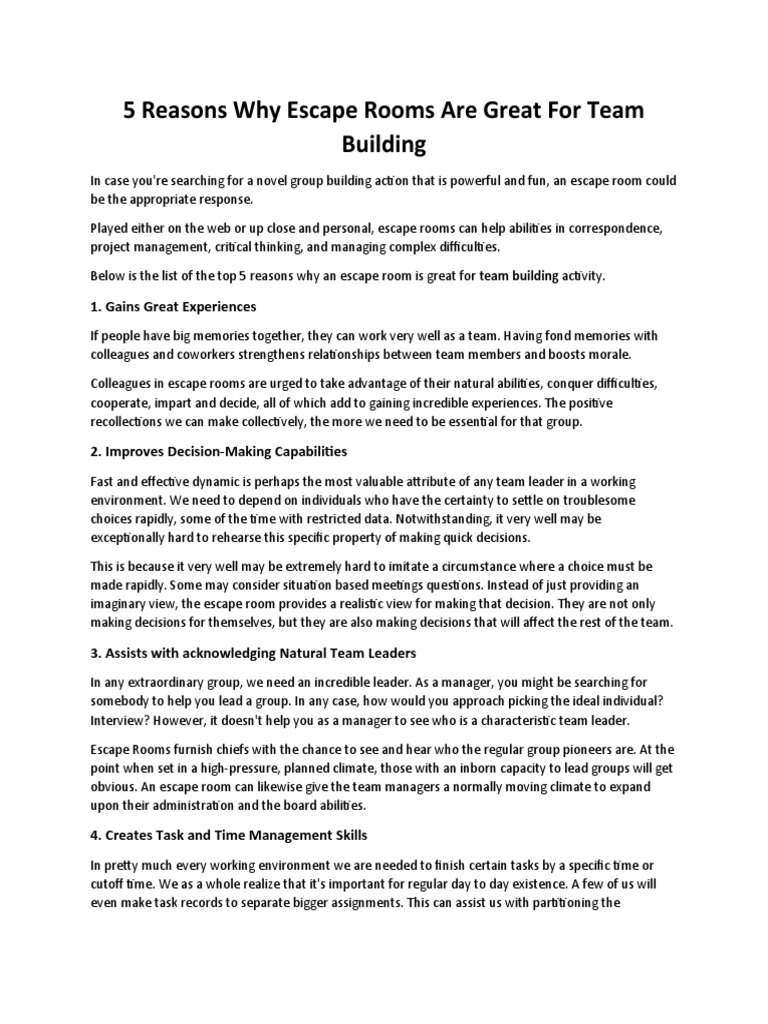 5 Reasons Why Escape Rooms Are Great For Team Building | PDF | Decision ...