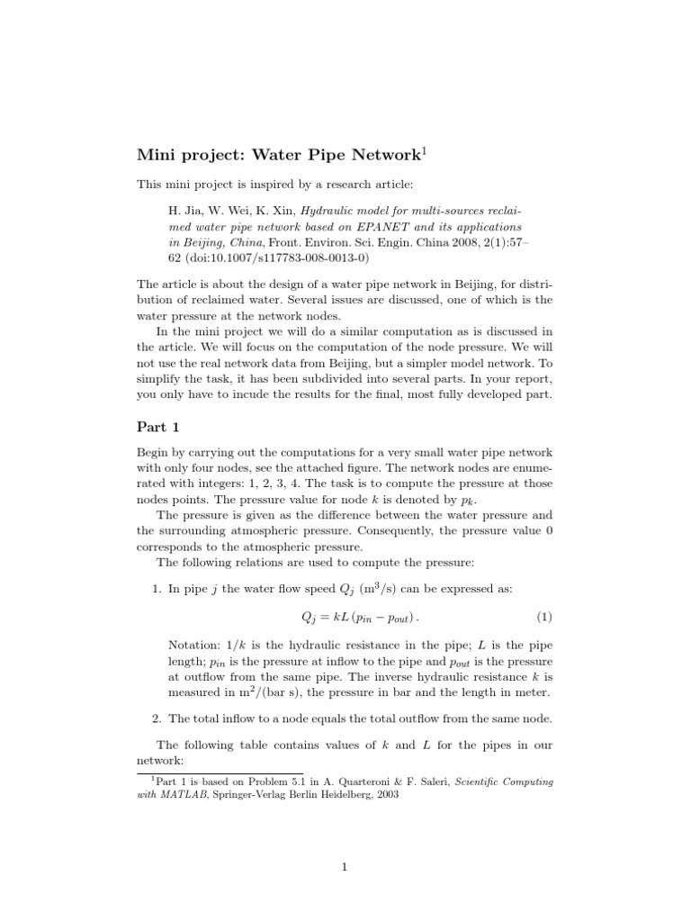 Mini Project: Water Pipe Network | PDF | Matrix (Mathematics) | Matlab