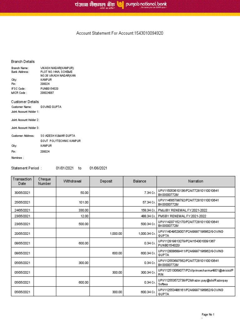 Account Statement For Account:1543010094920: Branch Details | PDF | Cheque | Banks