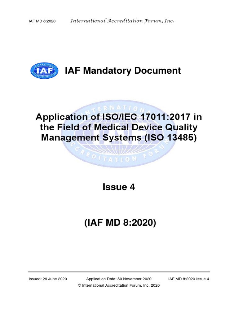 IAF - MD08 - 2020 - App ISO-IEC 17011 - ISO 13485 | PDF | Medical Device | Quality Management System