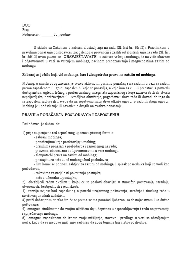 Zabrana Zlostavljanja Na Radu | PDF