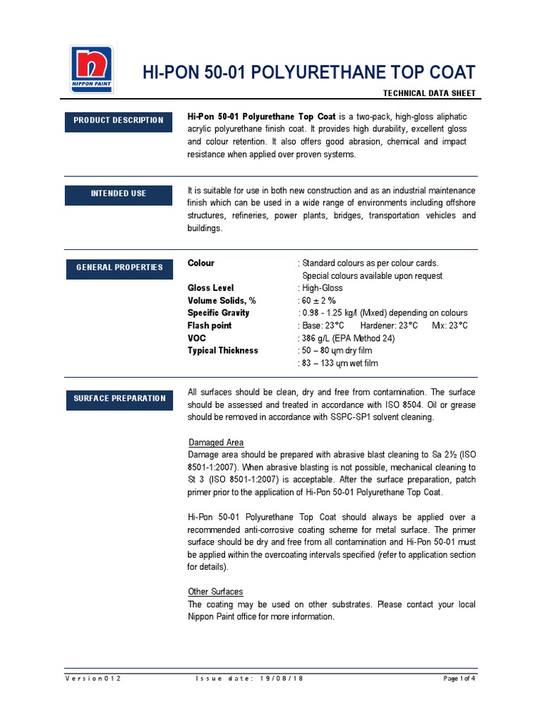 Hi-Pon 50-01 Polyurethane Top Coat Data | PDF | Epoxy | Paint