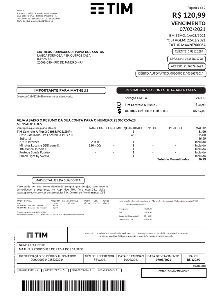 Resumo da conta TIM com plano TIM Controle A Plus 2 0 | PDF | Bancos ...