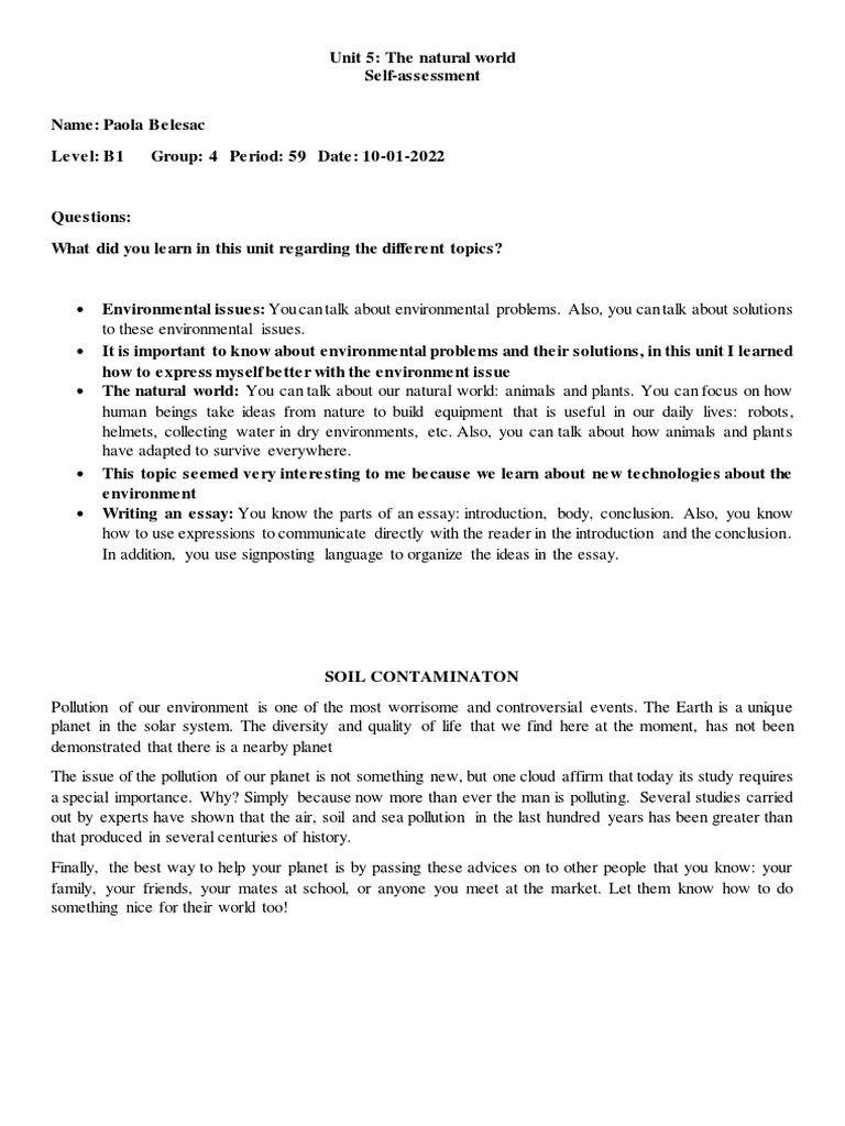 Unit 5 The Natural World Self-Assessment - Paola Belesaca | PDF ...