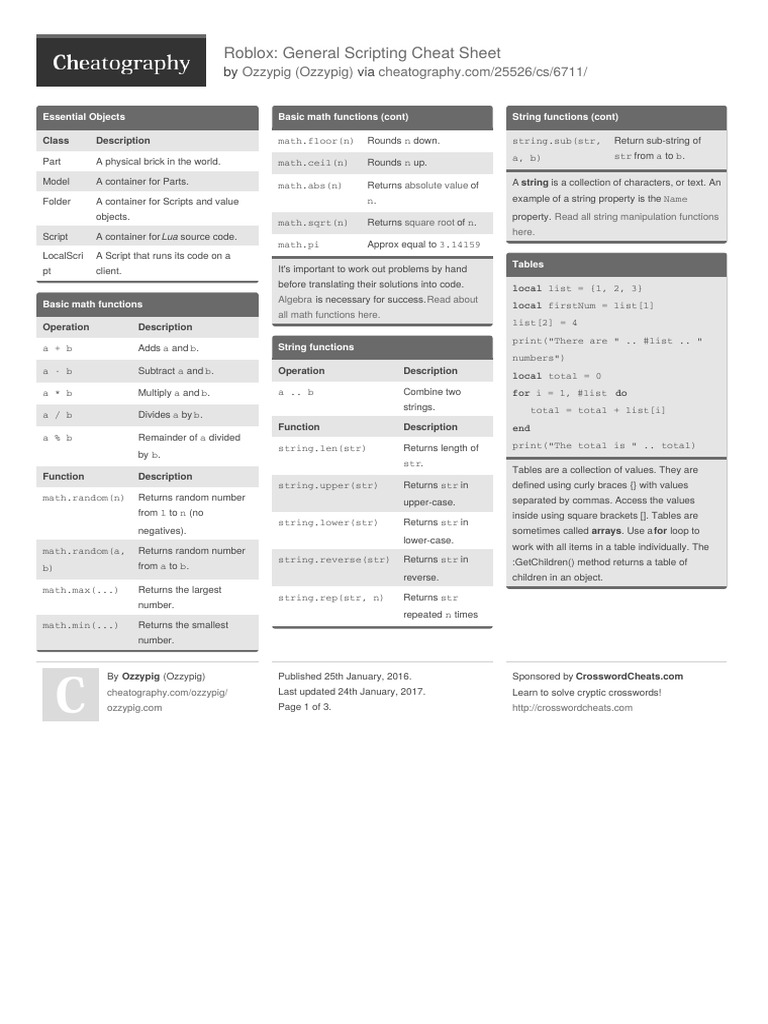 Roblox: General Scripting Cheat Sheet: by Via | PDF | Object (Computer ...