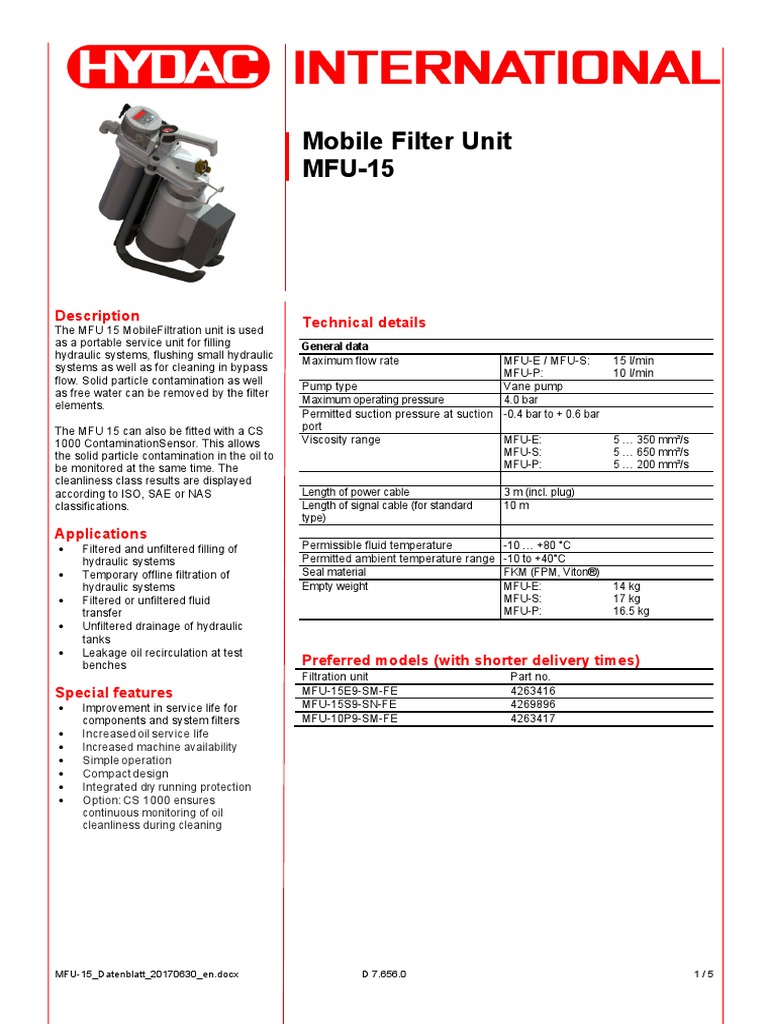 Mobile Filter Unit MFU-15: Description Technical Details | PDF ...
