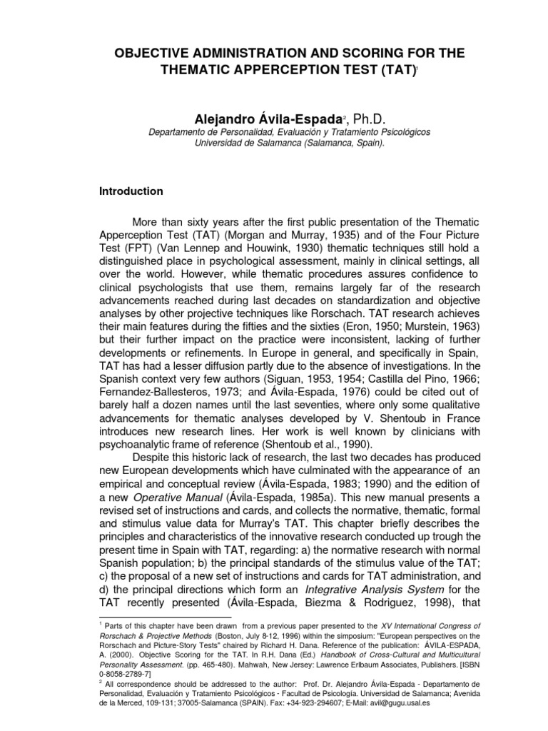 Objective Administration and Scoring For The Thematic Apperception Test ...