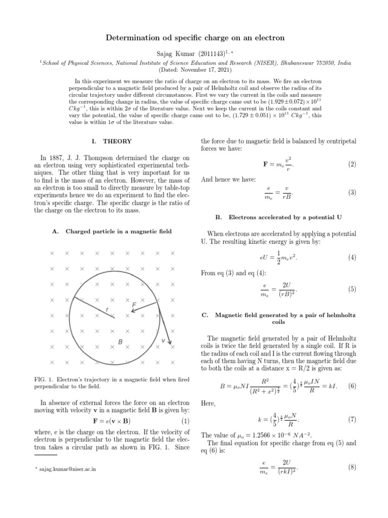 Determination Od Specific Charge On An Electron: Sajag - Kumar@niser - Ac.in | PDF | Electron ...