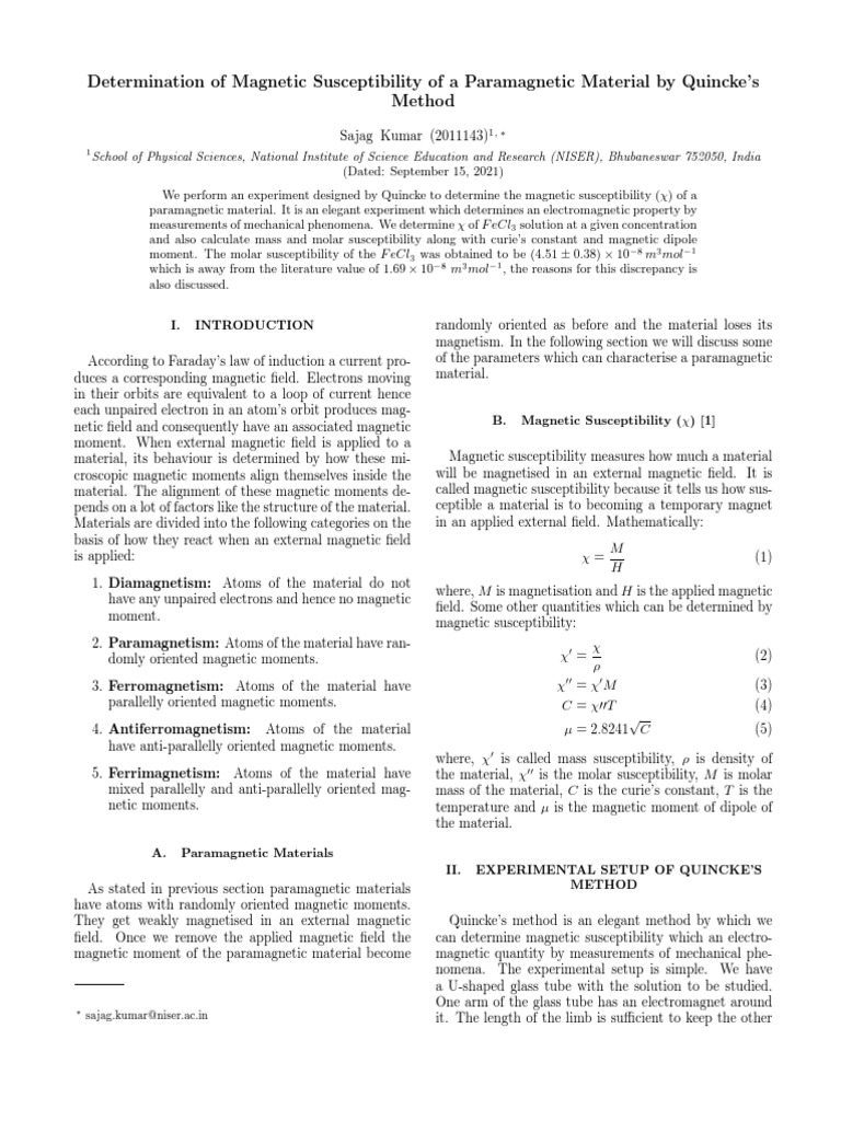 Determination of Magnetic Susceptibility of A Paramagnetic Material by ...