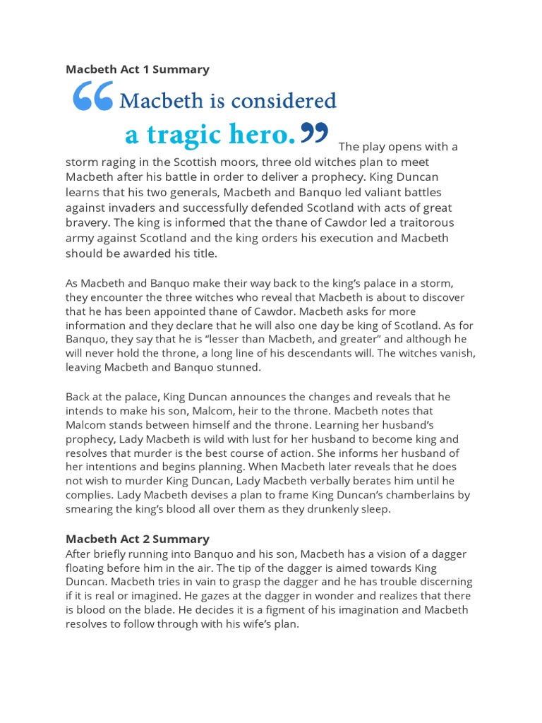 Macbeth Summary | PDF | Macbeth | Shakespearean Tragedies