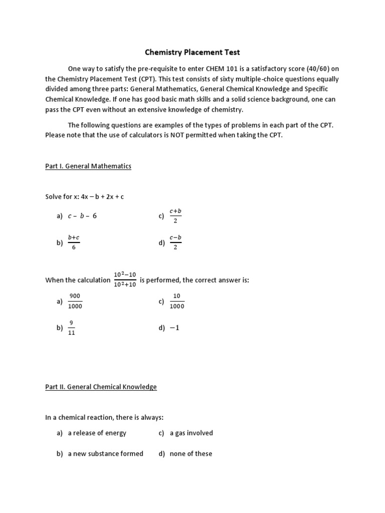 Chemistry Placement Test | PDF