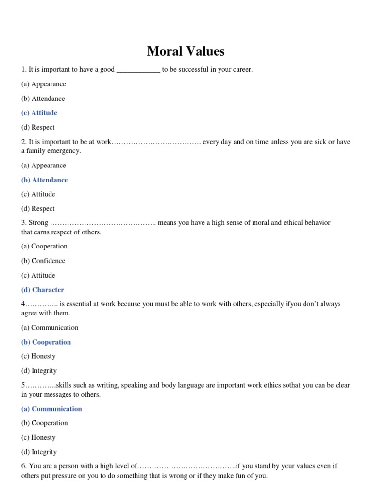 Moral Values - MCQs - All | PDF | Morality | Corporate Social ...