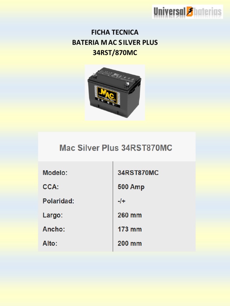 Ficha Tecnica Bateria Mac Silver Plus 34RST870MC | PDF