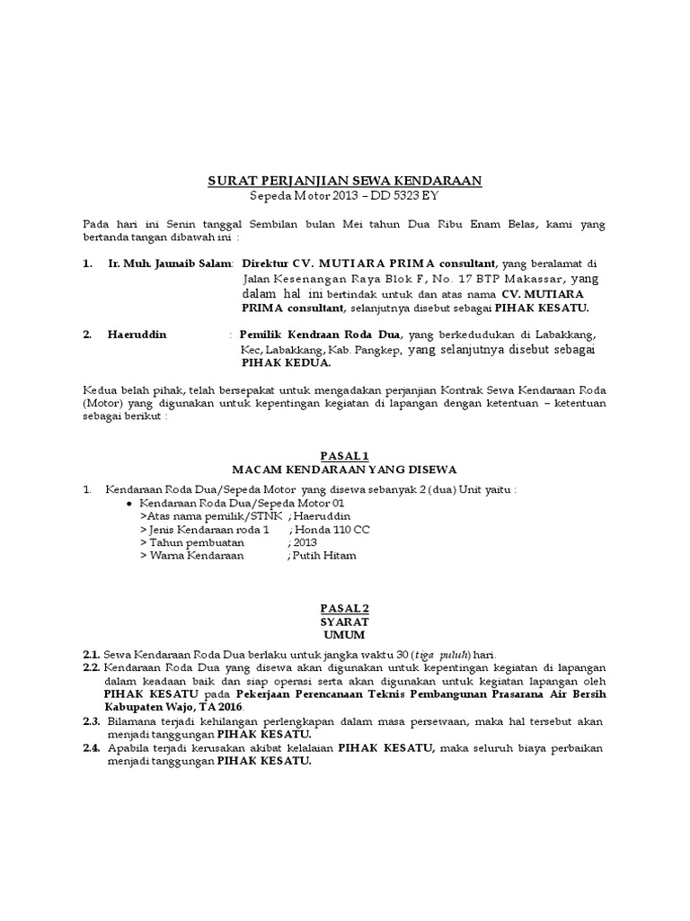 Perjanjian Sewa Motor 2016 | PDF