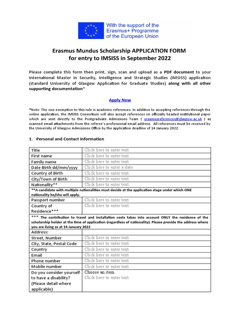 Erasmus Mundus Scholarship APPLICATION FORM For Entry To IMSISS in September 2022 | PDF ...