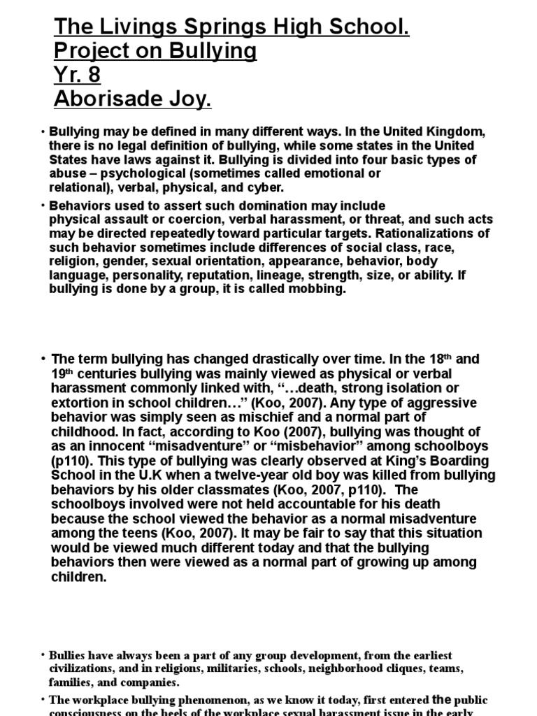 The Livings Springs High School. Project On Bullying Yr. 8 Aborisade ...