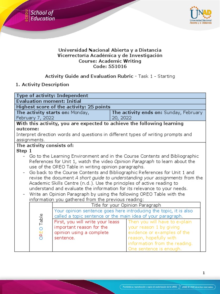 Activity Guide and Evaluation Rubric - Unit 1 - Task 1 - Starting | PDF ...