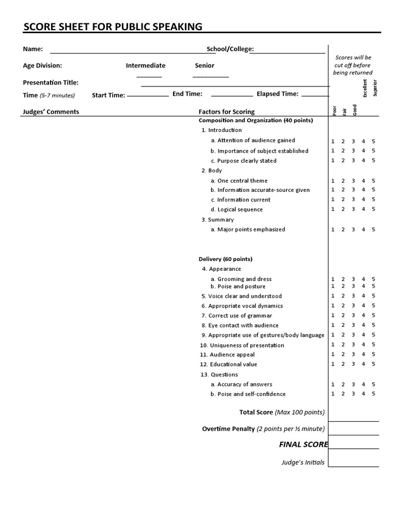 Speech Competition Score Sheet | PDF | Linguistics | Communication