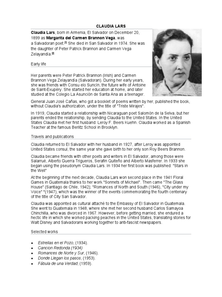 Claudia Lars Claudia Lars, Born in Armenia, El Salvador On December 20 | PDF | El Salvador | Poets