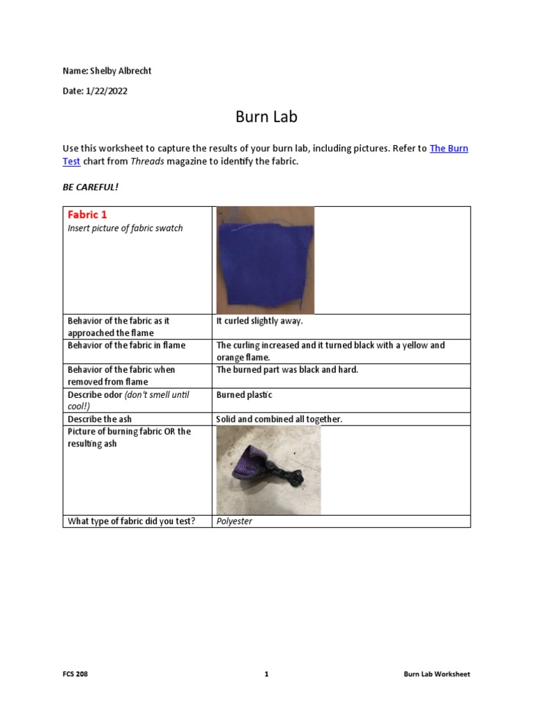 w03 fcs208 Burn-Lab-Worksheet Shelbyalbrecht | PDF | Textiles | Materials