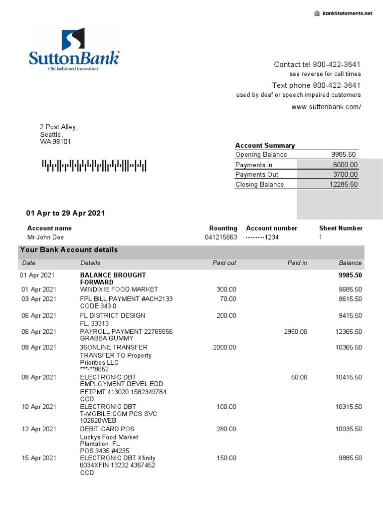 Sutton Bank Account Statement Summary | PDF | Annual Percentage Rate ...