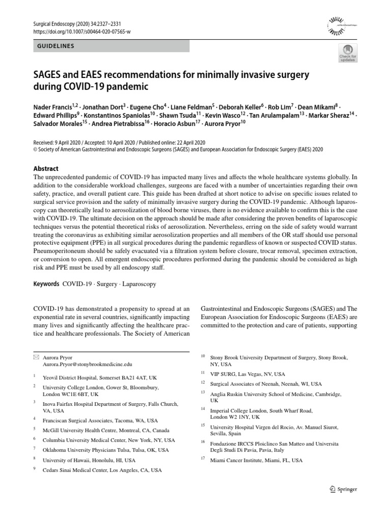 SAGES and EAES Recommendations For Minimally Invasive Surgery During ...