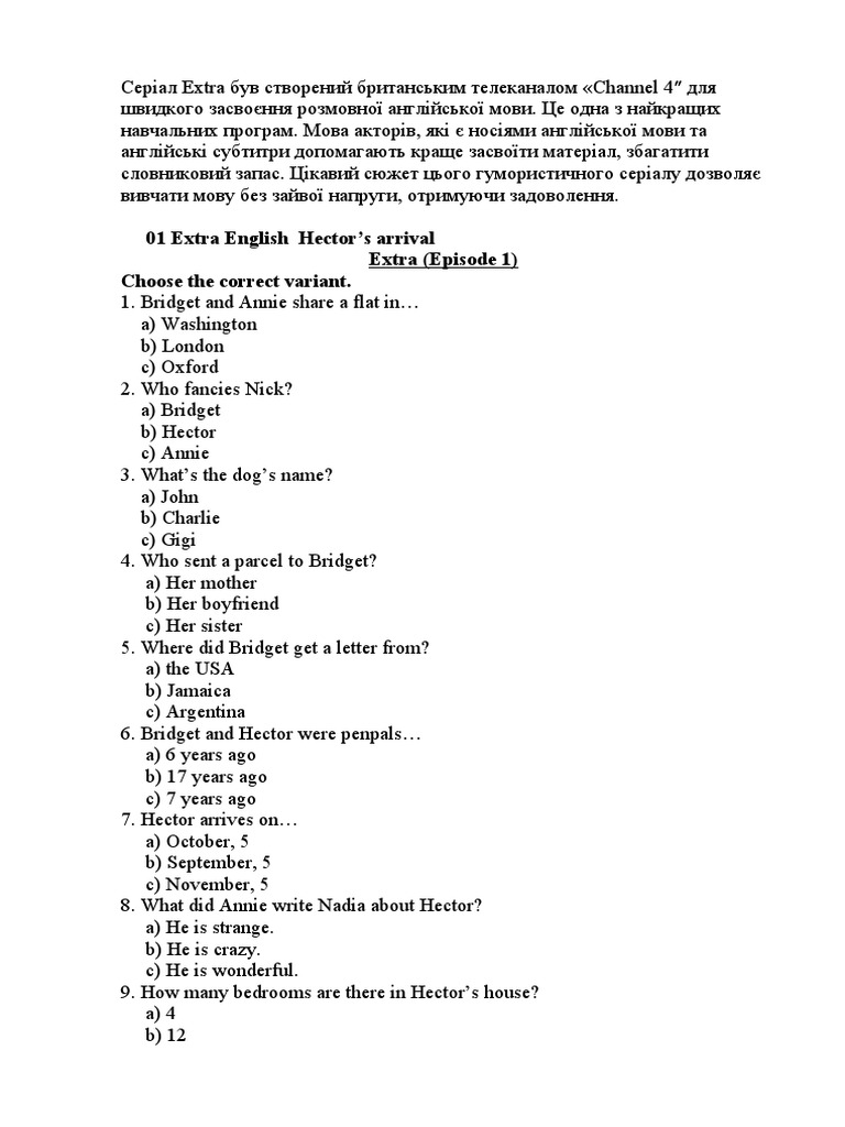 01 Extra English Hector's Arrival Extra (Episode 1) Choose The Correct ...
