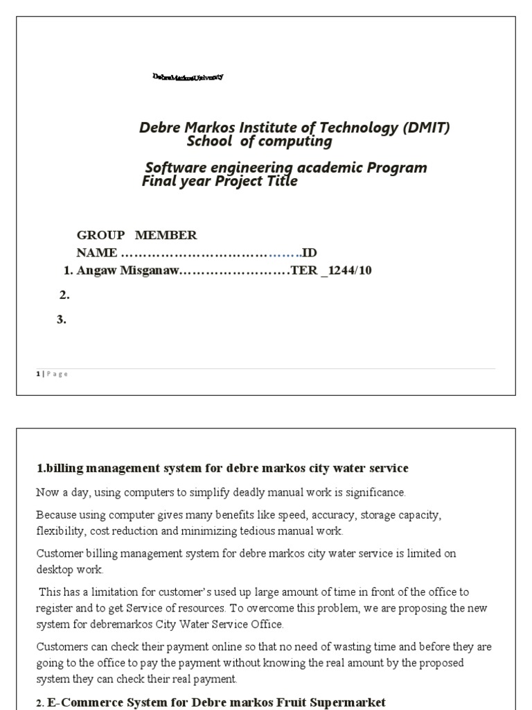 Debre Markos Institute of Technology (DMIT) School of Computing Software Engineering Academic ...