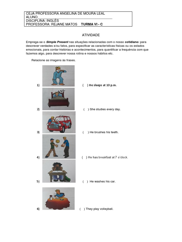 Atividade sobre o Simple Present com imagens para associar frases | PDF
