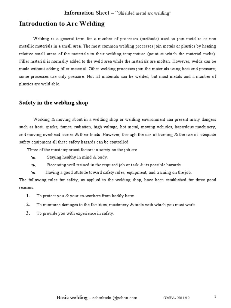 Introduction To Arc Welding: Information Sheet - " | Download Free PDF ...