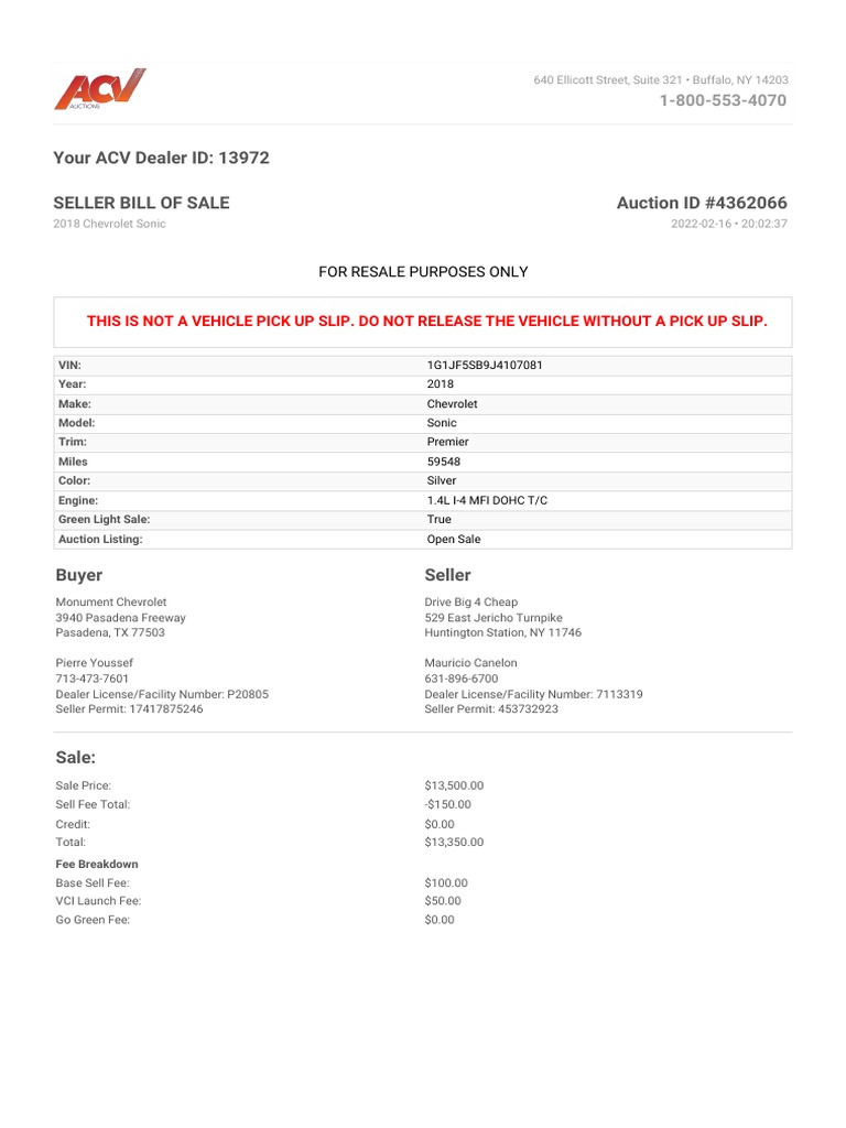 1-800-553-4070 Your ACV Dealer ID: 13972 Seller Bill of Sale Auction ID ...